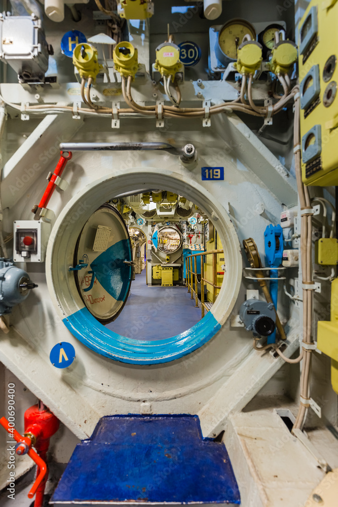 Moscow, Russia - May 04, 2018: Interior of Russian Soviet submarine in ...