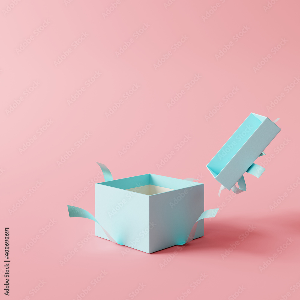 Open blue gift box on pastel pink background. 3d rendering Stock ...
