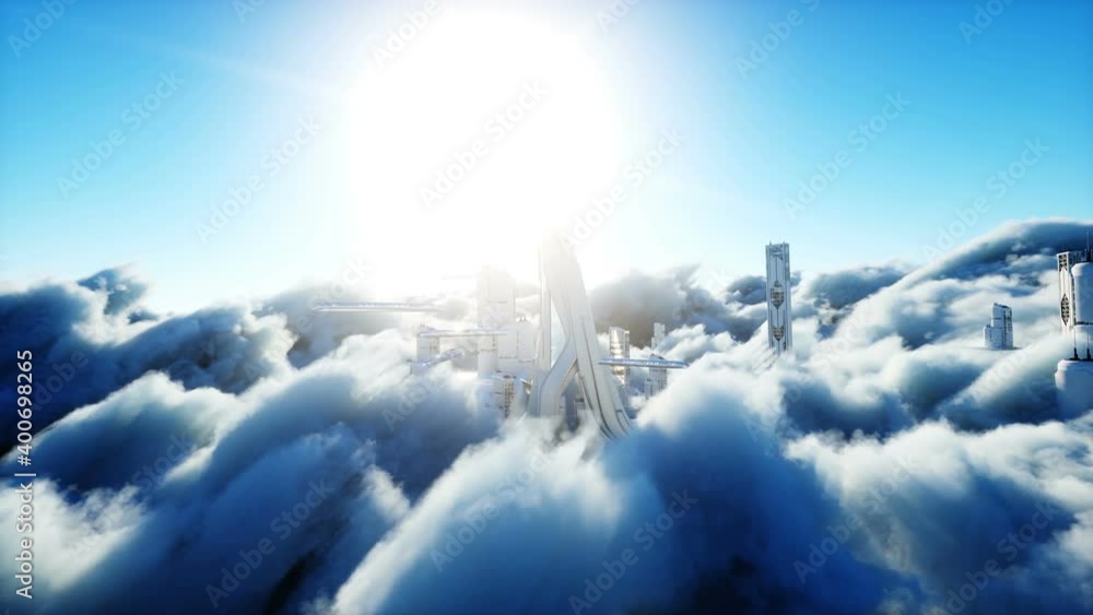 Futuristic sci fi city in clouds. Utopia. concept of the future. Flying ...