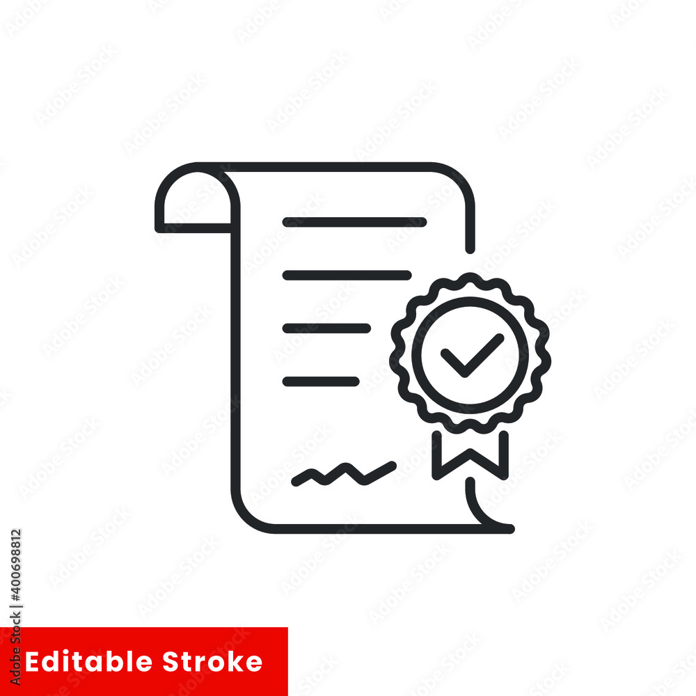 Approval icon, document accredited, authorized agreement, thin line ...