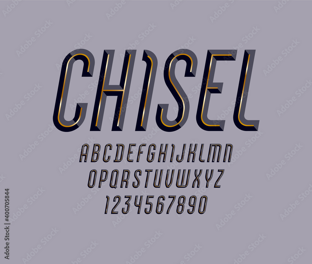 Alloy alphabet from chiseled block, font with effect of metallic line ...