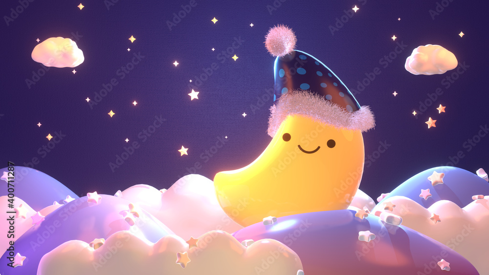 Cartoon smiling moon wearing a nightcap with fluffy pom pom on the ...
