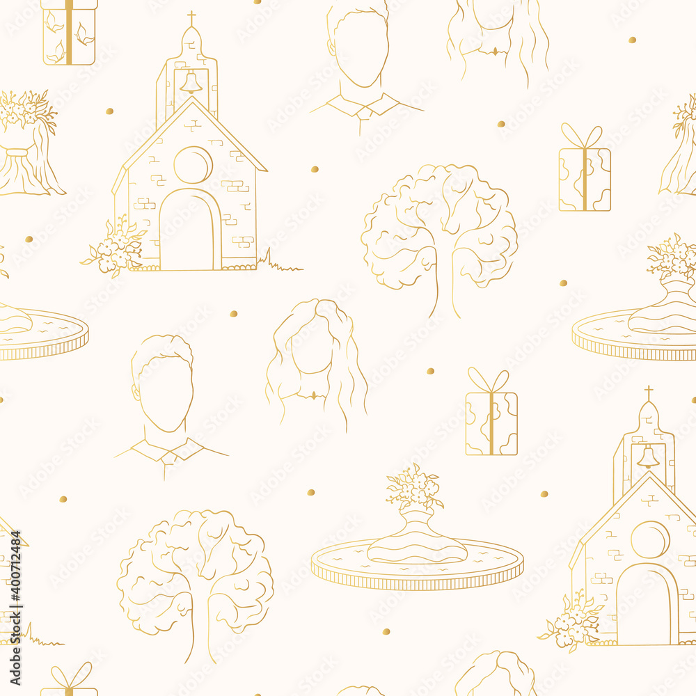 Golden bride and groom faces, fountain, chapel, wedding tree for ...