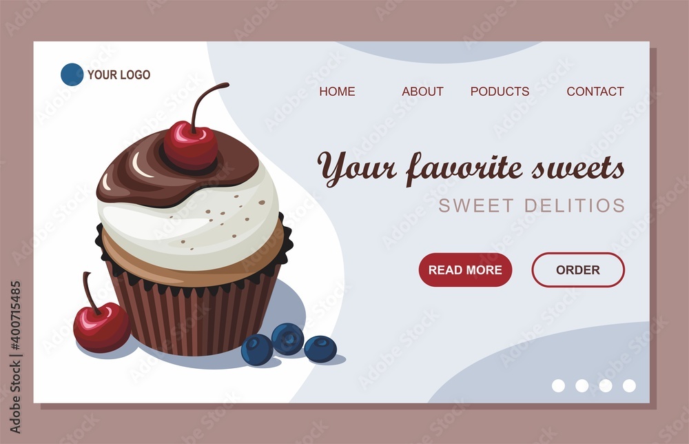 Cupcake with whipped cream, chocolate and cherry. website landing page ...