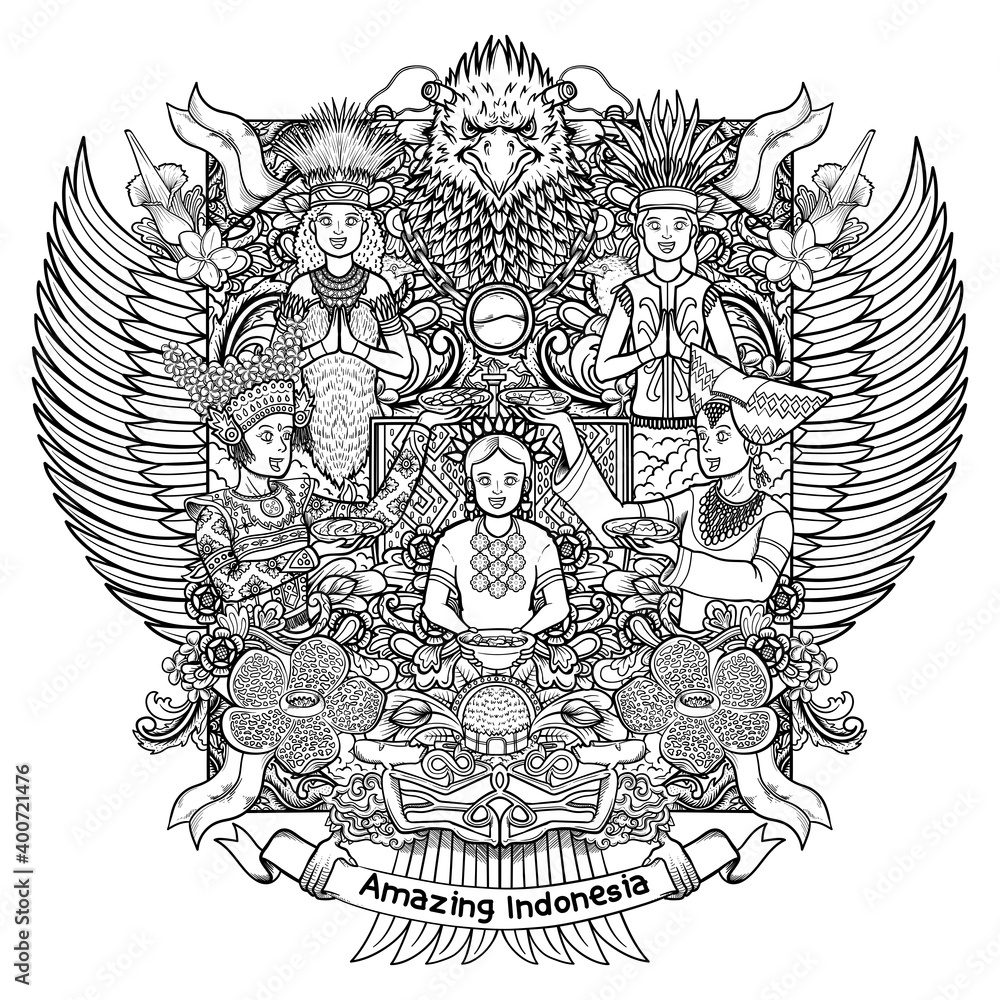 indonesian females with amazing culture on garuda handdrawing outline ...