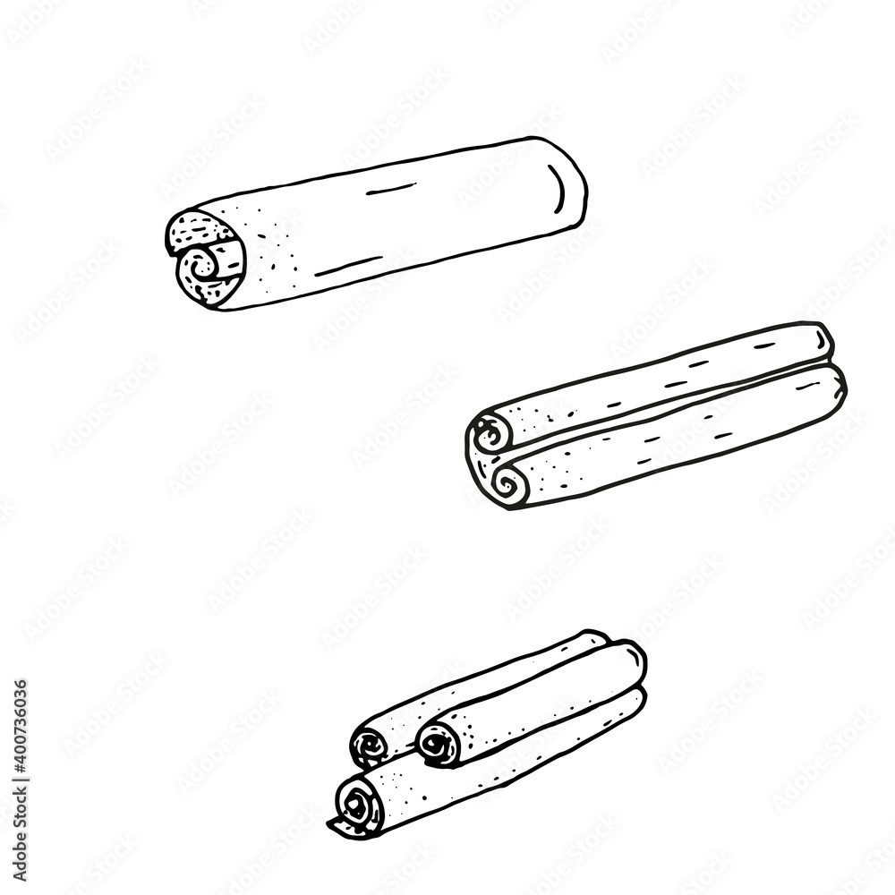 Set of cinnamon doodle style, black lines on a white background. Vector ...