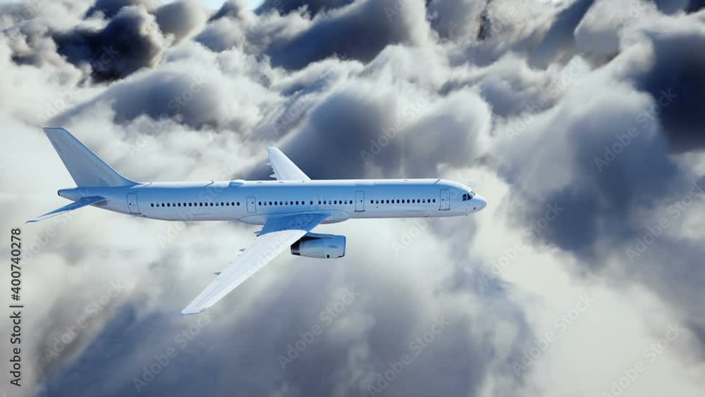 Passenger airbus flying in clouds. Plane. Realistic 4k animation. Stock ...