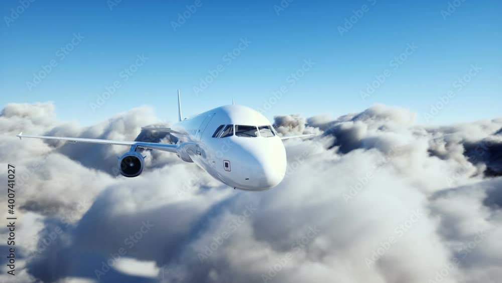 Passenger airbus flying in clouds. Plane. Realistic 4k animation. vídeo ...