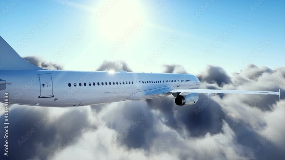Passenger airbus flying in clouds. Plane. Realistic 4k animation. Stock ...