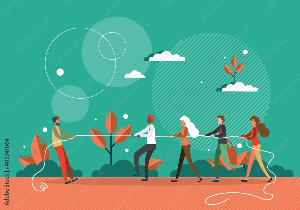 One against all concept vector illustration. One man pulls rope against ...
