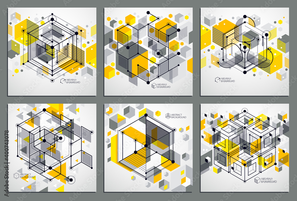 Geometric technology vector yellow drawings set, 3D technical wallpaper ...