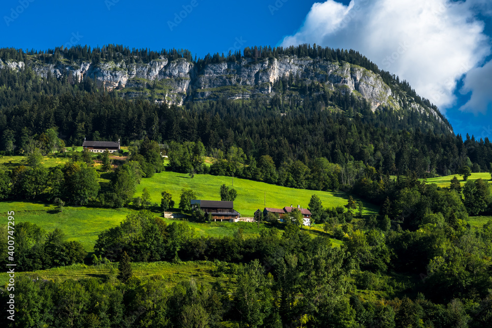 Rural Landscape With Mountains And Cottages In The Alps Of Austria ...