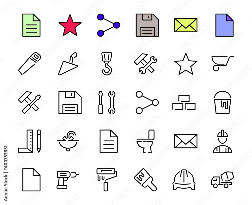 Set of construction icons, simple vector lines, contains the following ...