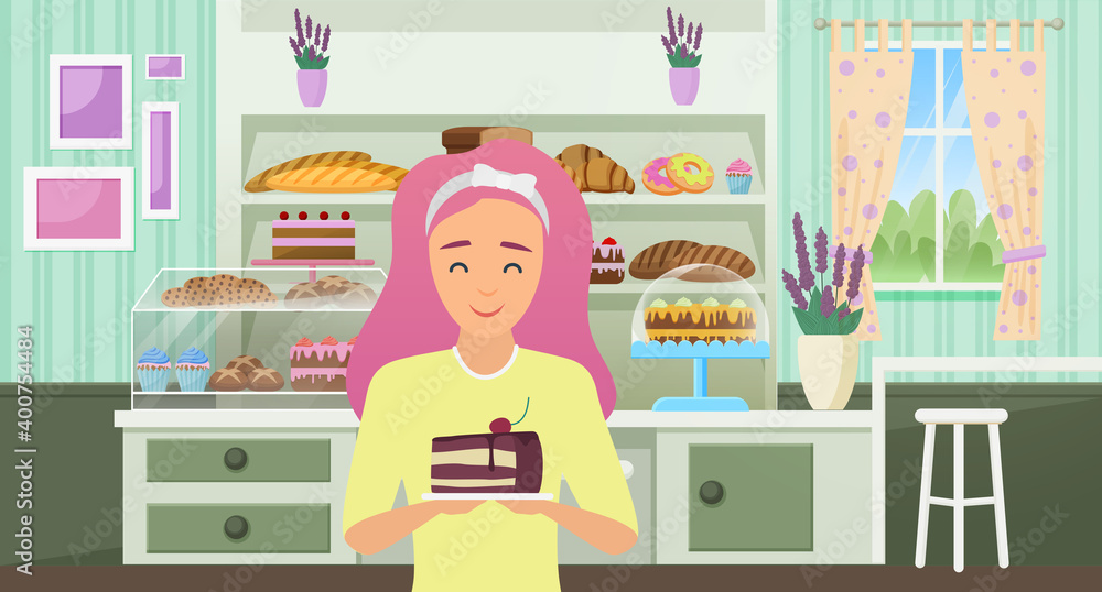 Bakery shop vector illustration. Cartoon happy chef baker woman ...