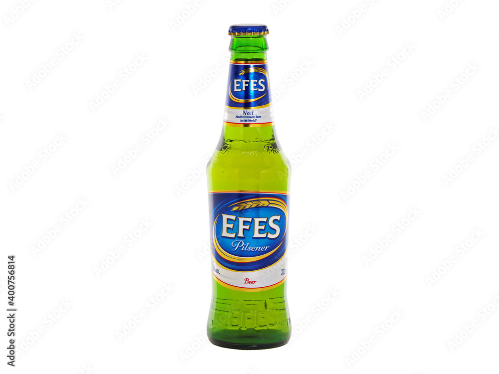 BUCHAREST, ROMANIA - MAY 29, 2015. Efes Pilsener glass bottle beer ...