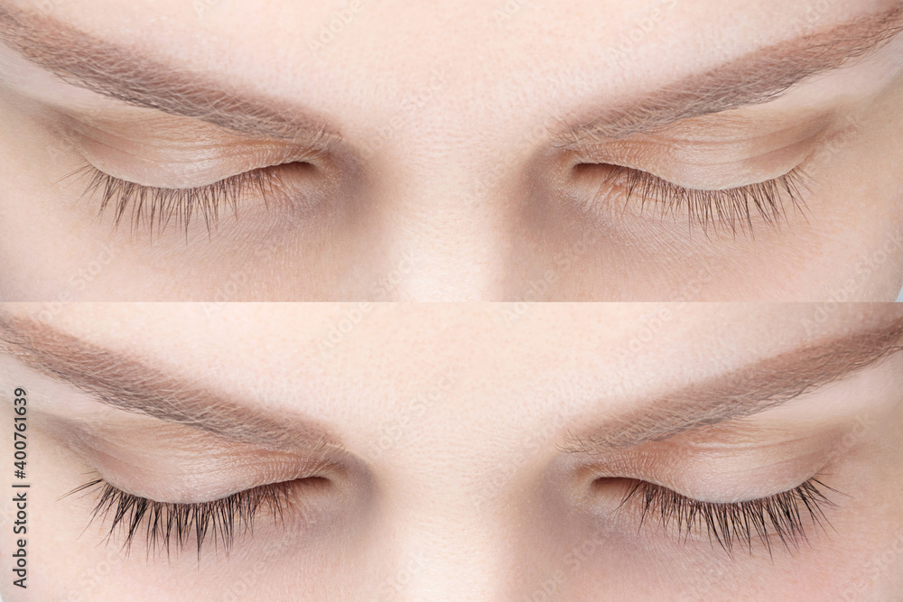 Woman eyelash tinting before and after. Henna tint, lamiation, keratin ...