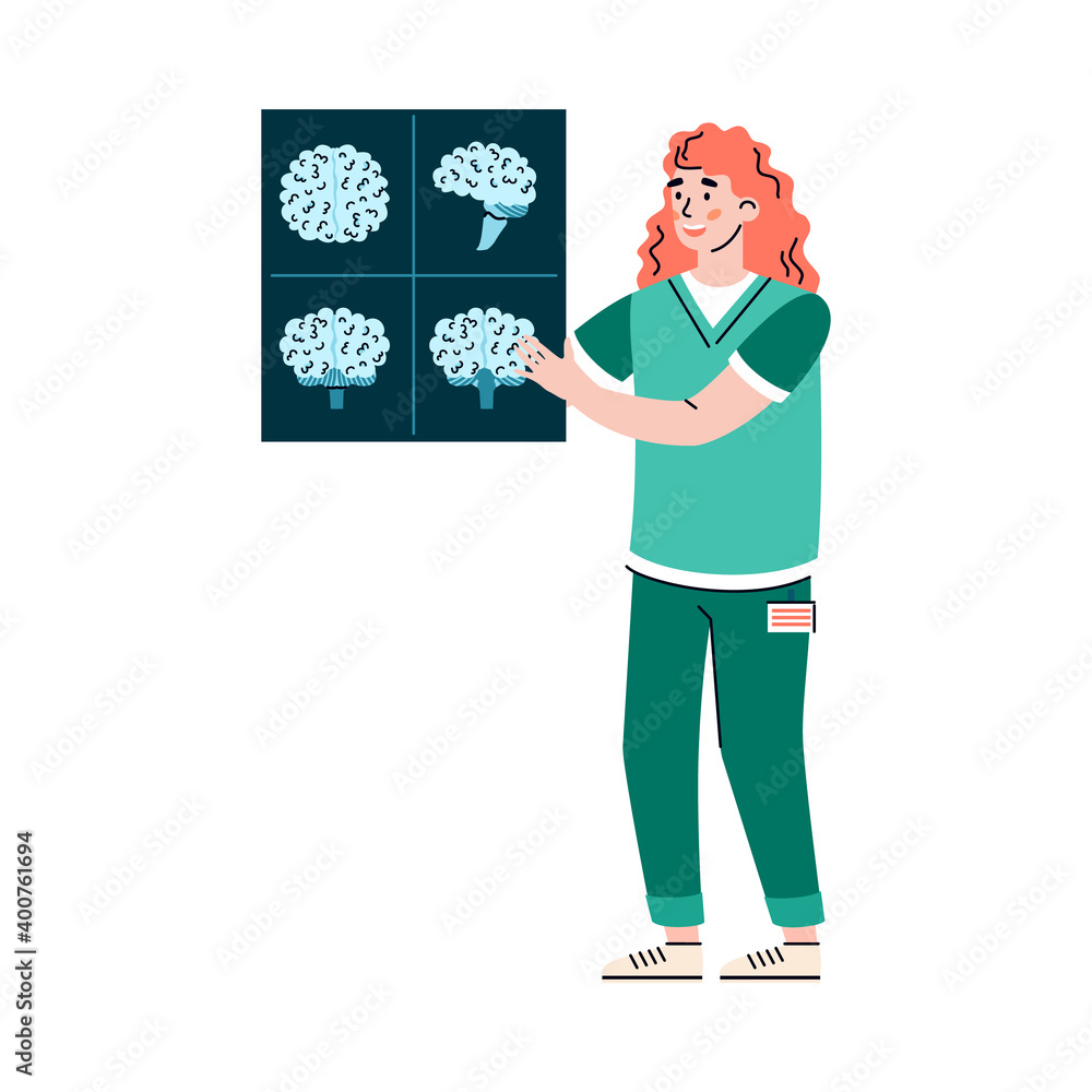 Doctor neurologist with x-ray scan of human brain, flat cartoon vector ...