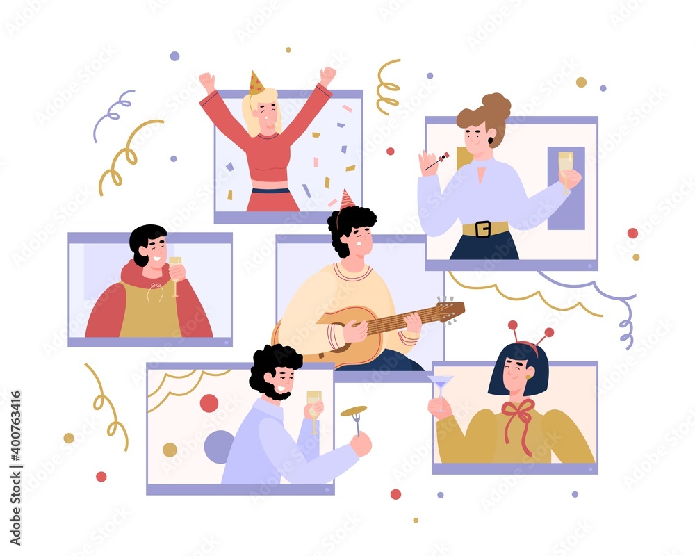 Virtual party banner design with people socialising in network, flat ...