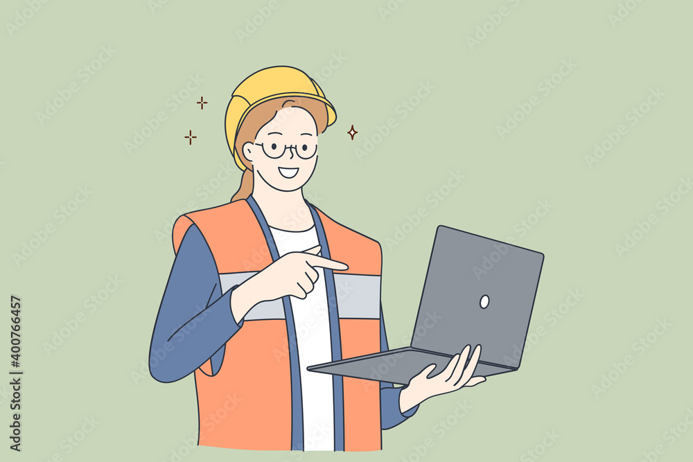 Architects using wireless technology concept. Young smiling beautiful ...