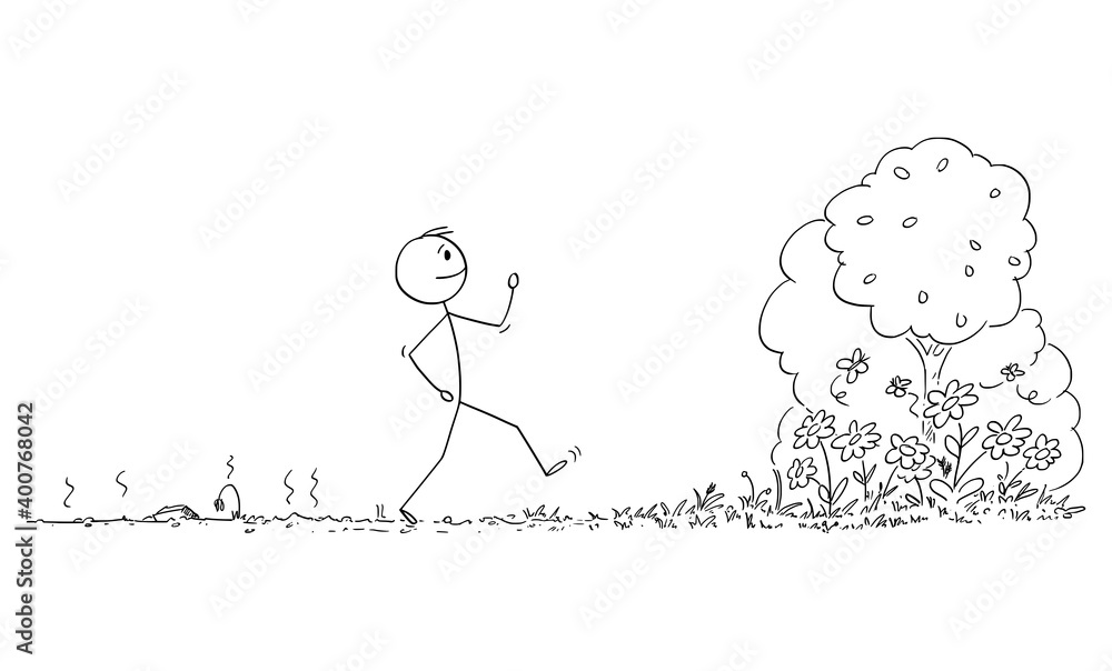 Vector cartoon stick figure illustration of man walking from place with ...