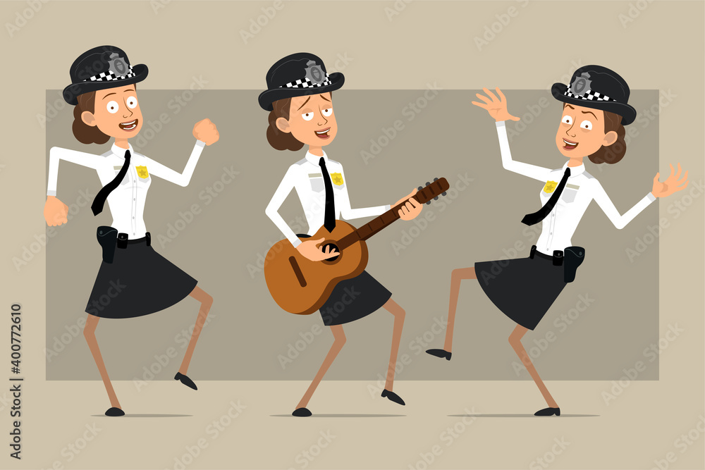 Cartoon flat funny british policeman woman character in black hat and ...