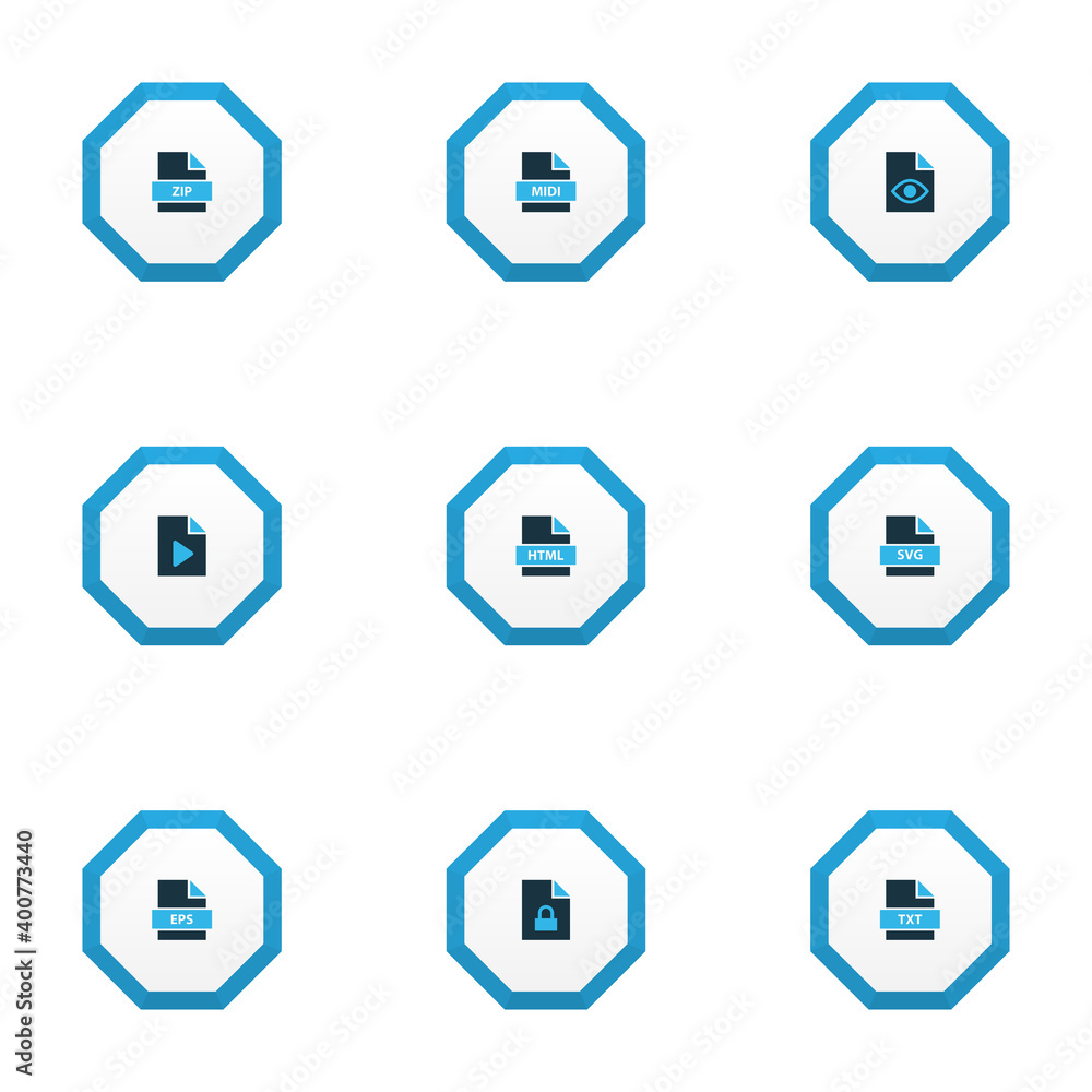 Document icons colored set with file svg, file HTML, file zip and other ...