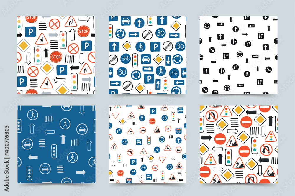 Collection cute seamless patterns with road signs and traffic lights on ...