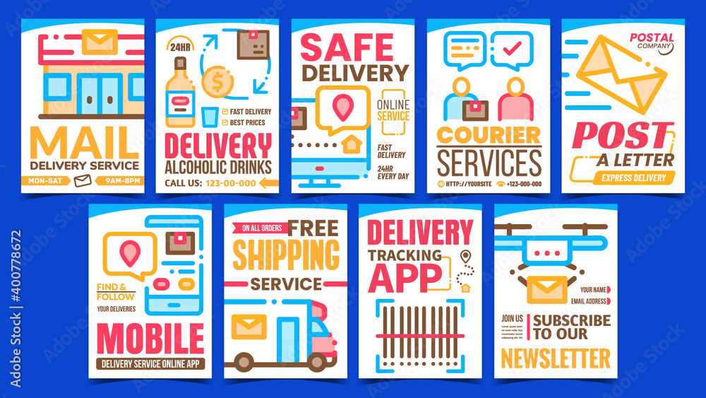 Postal Company Promotional Posters Set Vector. Mail Delivery Service ...