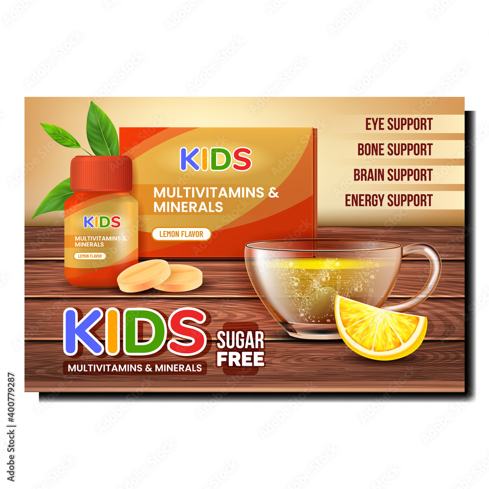 Kids Vitamins Creative Promotional Poster Vector. Kids Multivitamins ...