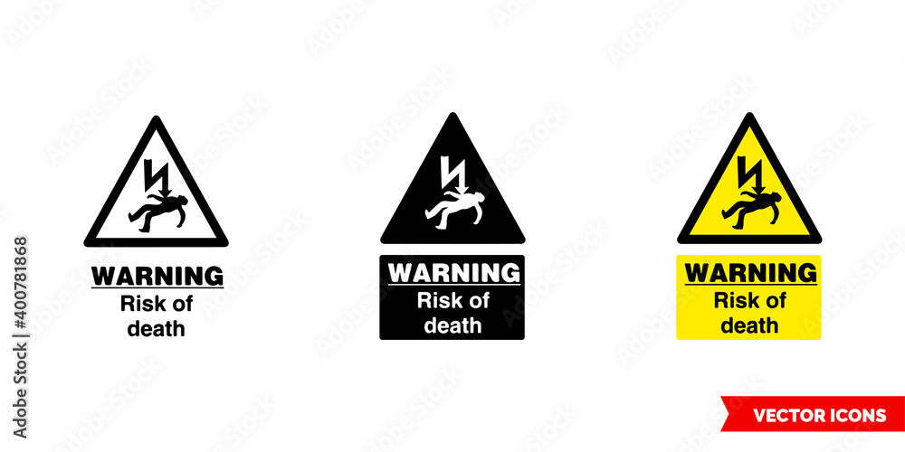 Warning risk of death icon of 3 types color, black and white, outline ...