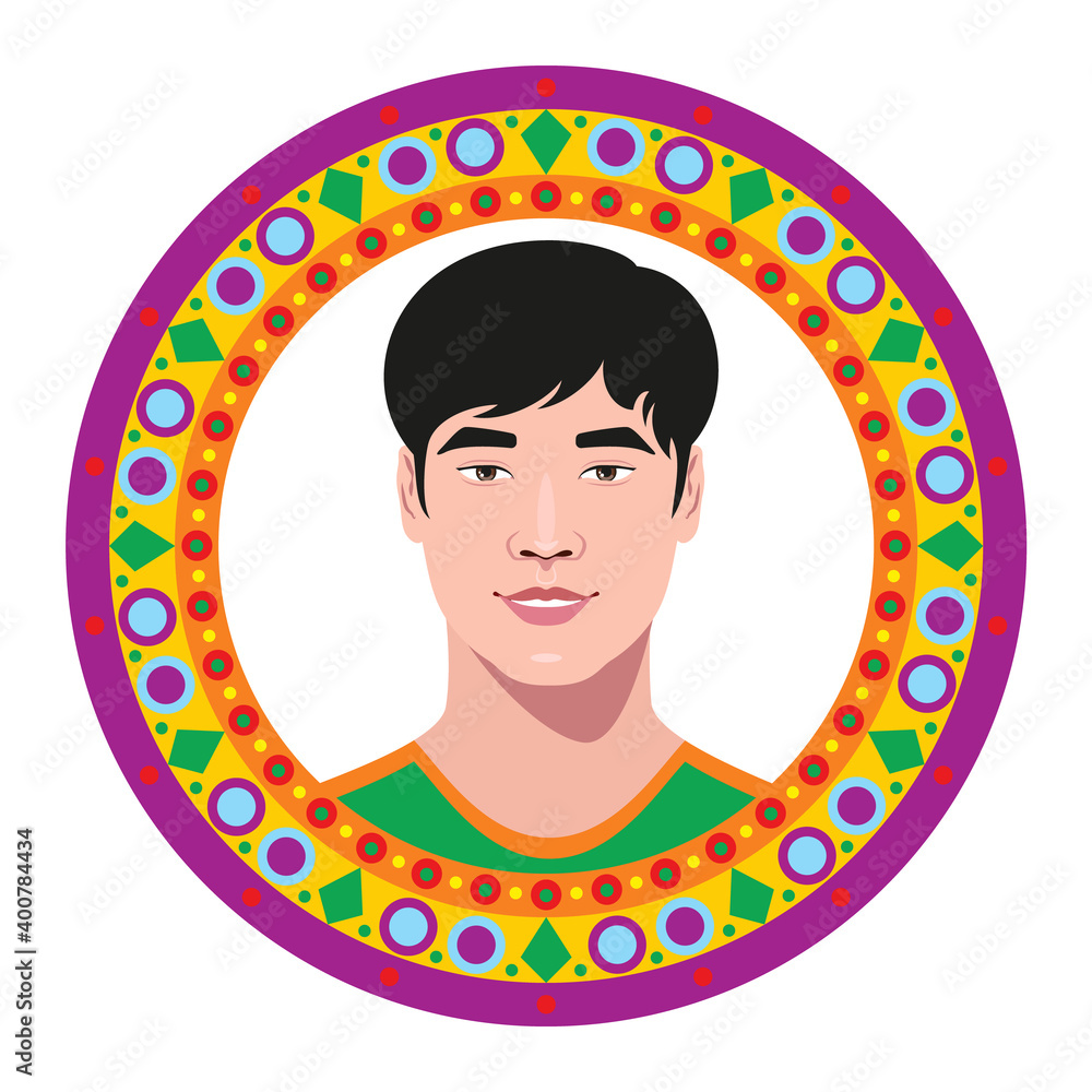 Handsome Asian Boy, Guy in the Circle of Round Ornament. Vector ...