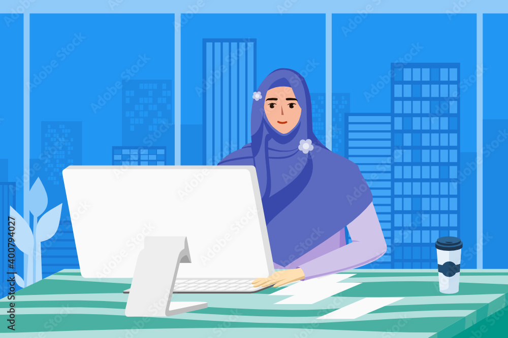 Female Muslim or Arab Work in Office at Night with City Building in ...