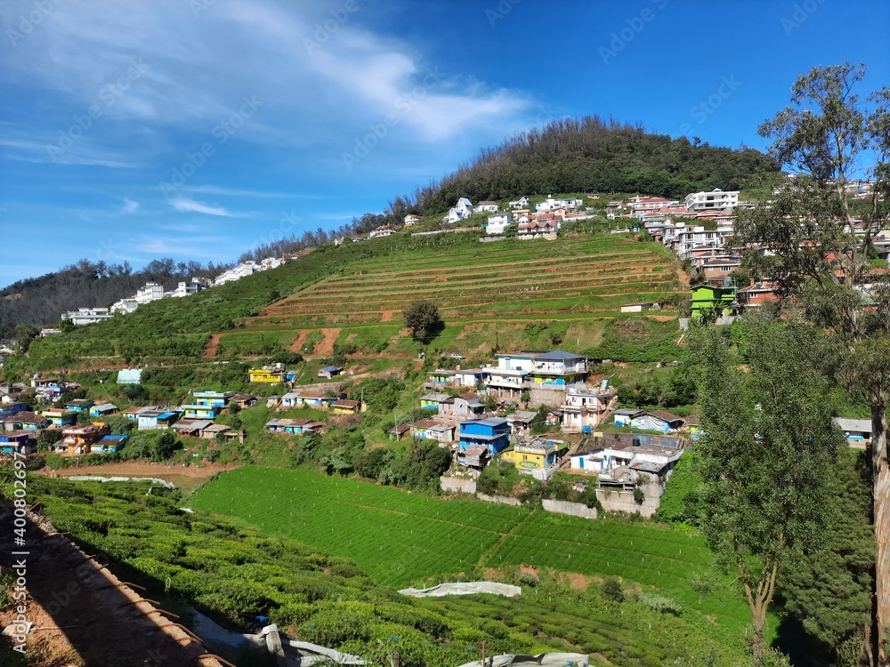 beautiful road side view of hill mountain landfall village house town ...