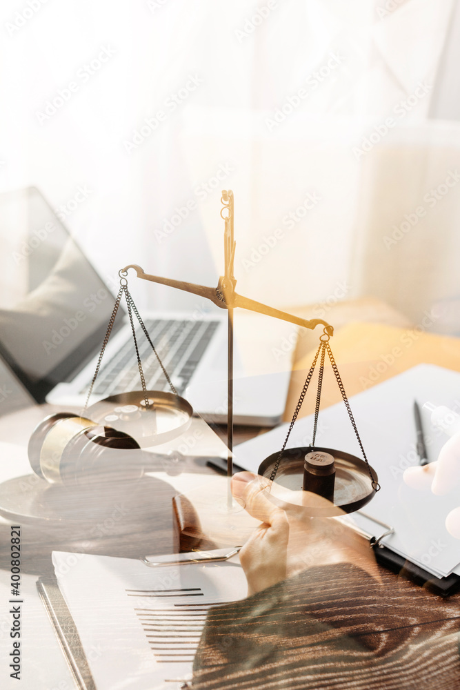 justice and law concept.Male judge in a courtroom on wooden table and ...