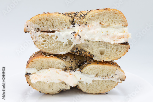 Cut in Half Everything Bagel with Lox Cream Cheese Spread with a White ...