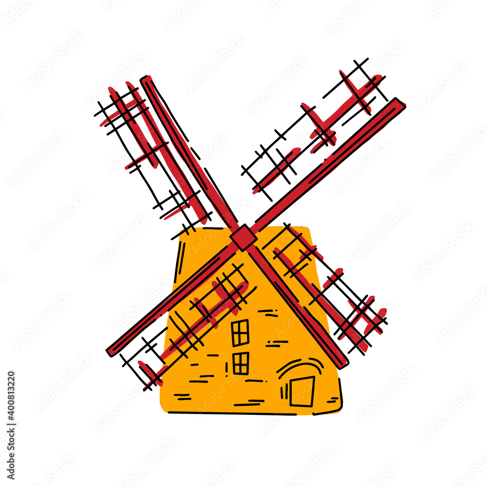 hand drawn doodle windmill. Travel poster, postcard. Hand drawn sketch ...