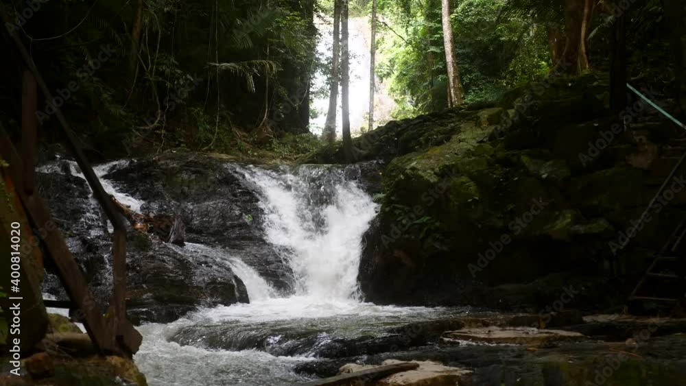 Small Waterfall with River Rapids in Green Forest with Tropical Trees ...