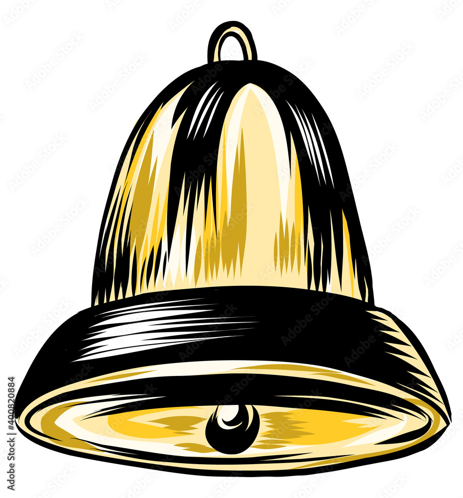 Golden bell hand drawn vector illustration. Gliph stile icon of bell ...