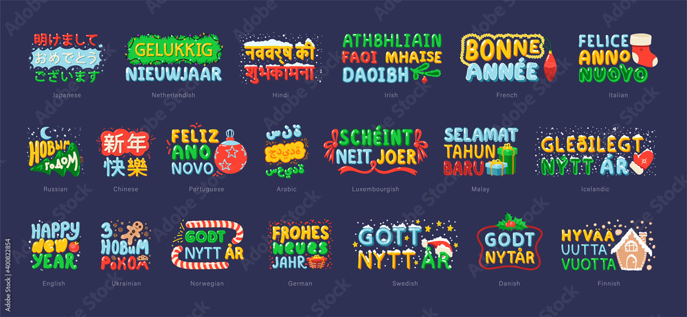 Big collection hand drawing compositions with Happy New Year greetings ...