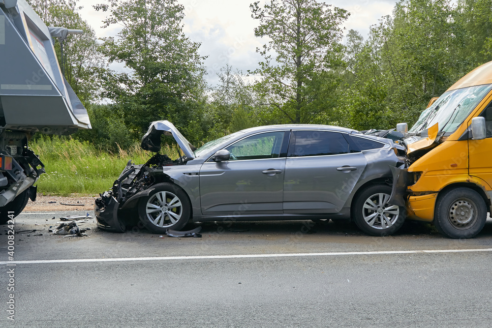 damaged cars on the highway at the scene of an accident Stock Photo ...