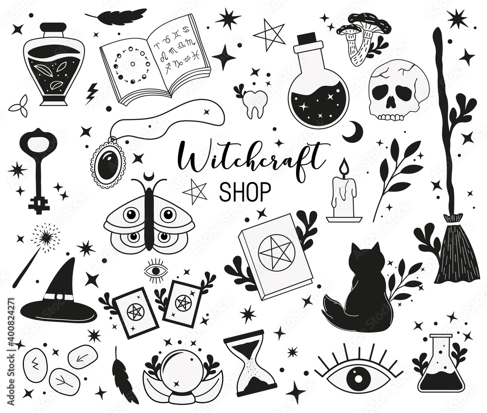 Witchcraft, outline magic shop for witches and wizards. Vector vintage ...