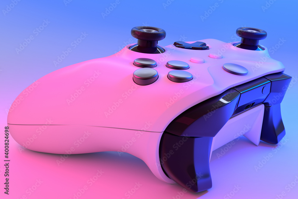Realistic video game controller in neon lights on white table ...