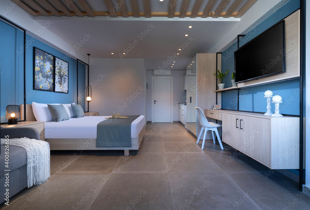 Modern blue interior small studio apartment with bedroom, kitchen ...