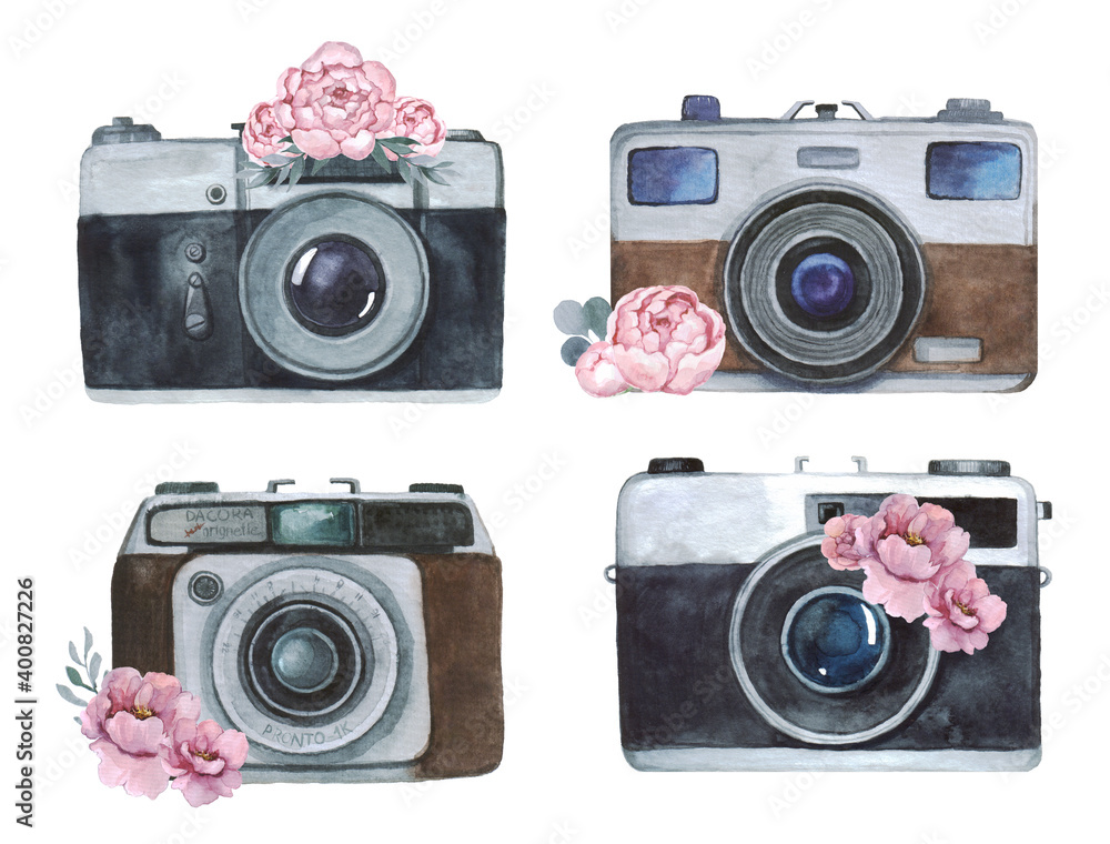Watercolor stained cameras. Camera sketch. Camera with flowers ...