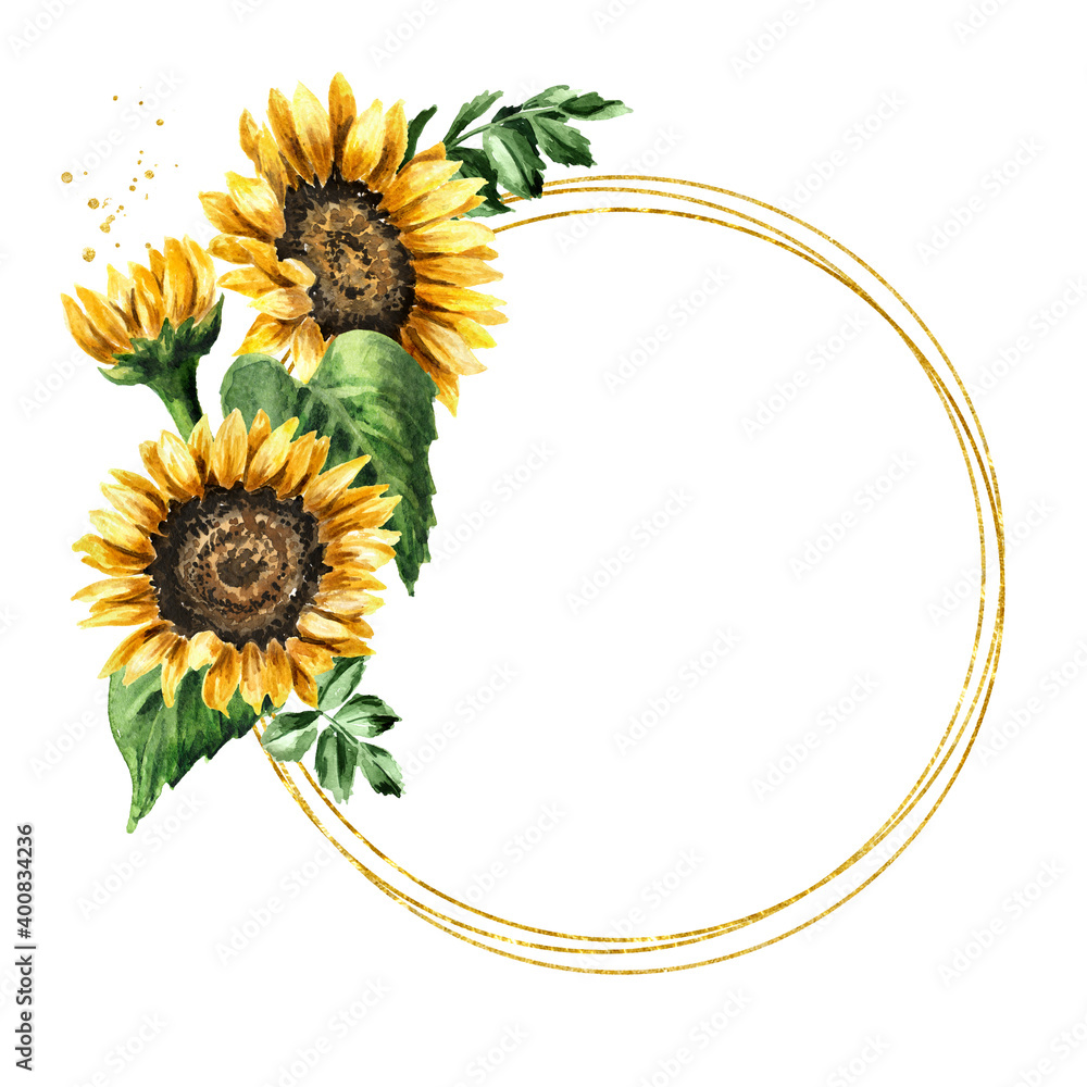 Sunflower decorative frame. Hand drawn watercolor illustration ...