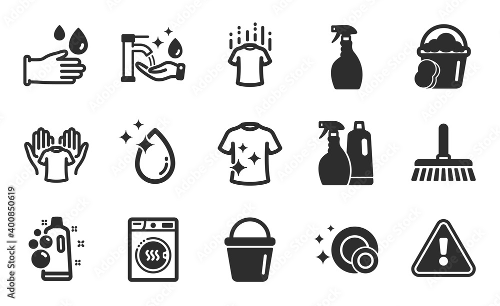 Cleaning mop, Rubber gloves and Shampoo and spray icons simple set ...