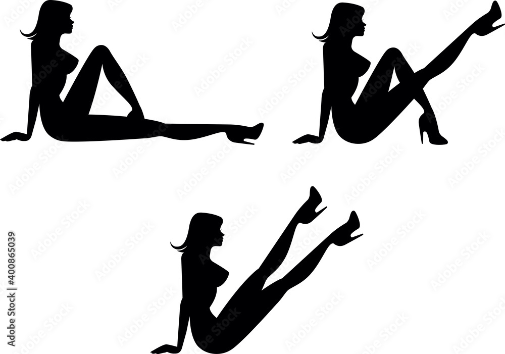 Set of black silhouettes of a young girl stripper in different poses ...