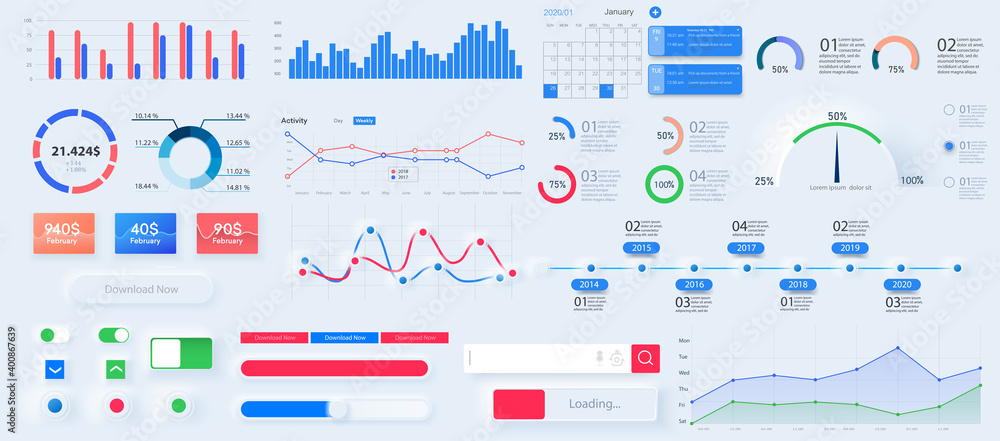Infographic dashboard template with flat design graphs and pie charts ...