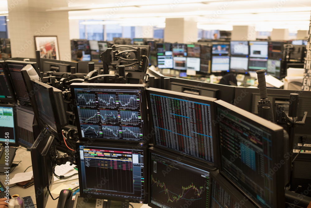 Trading floor with working computers Stock Photo | Adobe Stock