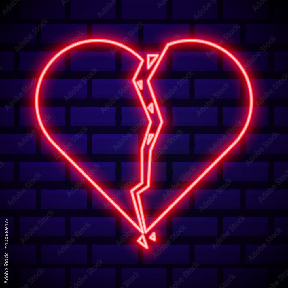 Broken heart neon light icon. Heartbreak glowing sign. Beak up. Vector ...